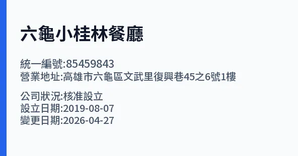 六龜小桂林餐廳的照片-統編 85459843(高雄市) 公司登記資料與營業項目詳細圖表