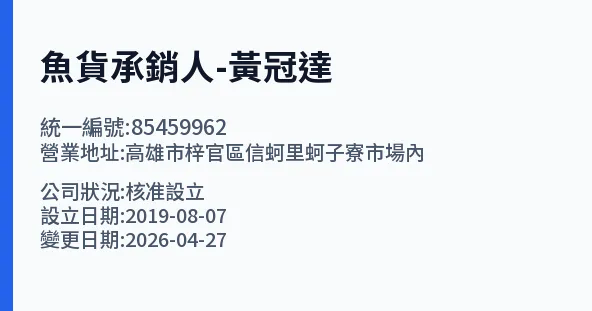 魚貨承銷人-黃冠達的照片-統編 85459962(高雄市) 公司登記資料與營業項目詳細圖表
