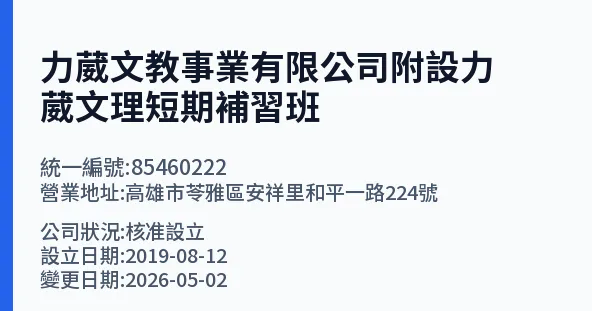 力葳文教事業有限公司附設力葳文理短期補習班的照片-統編 85460222(高雄市) 公司登記資料與營業項目詳細圖表