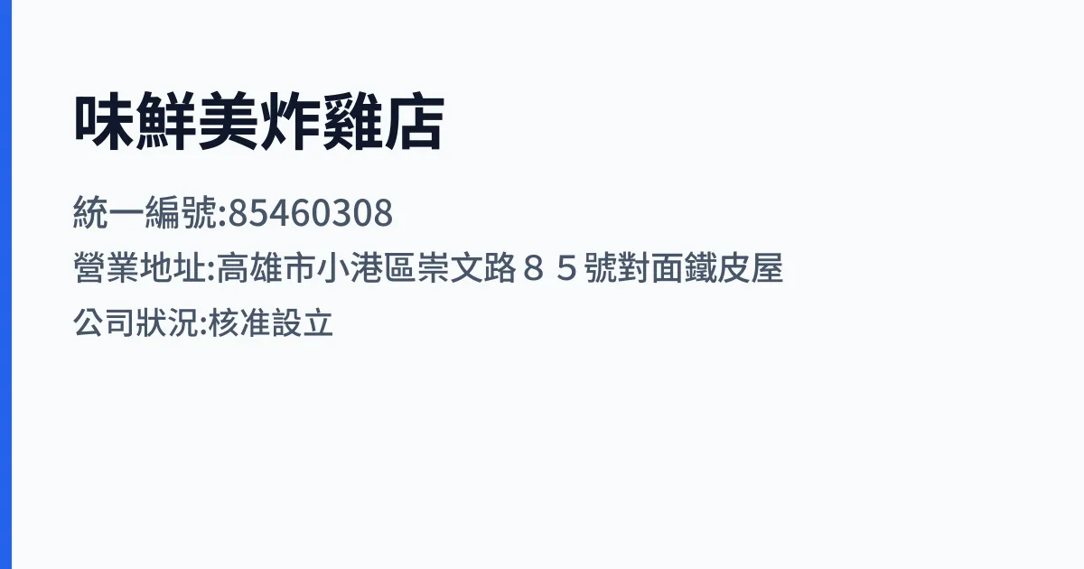 味鮮美炸雞店 - 統編 85460308(高雄市) 公司登記資料與營業項目詳細圖表