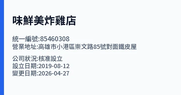 味鮮美炸雞店的照片-統編 85460308(高雄市) 公司登記資料與營業項目詳細圖表