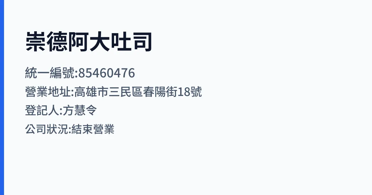 崇德阿大吐司 - 統編 85460476(高雄市) 公司登記資料與營業項目詳細圖表