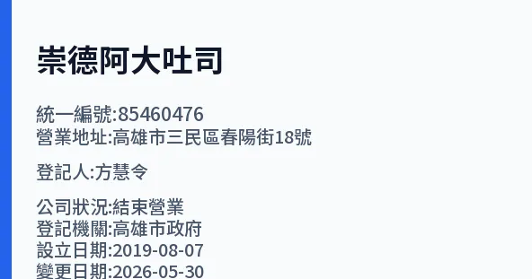 崇德阿大吐司的照片-統編 85460476(高雄市) 公司登記資料與營業項目詳細圖表
