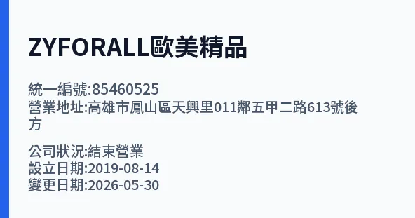 ZYFORALL歐美精品的照片-統編 85460525(高雄市) 公司登記資料與營業項目詳細圖表