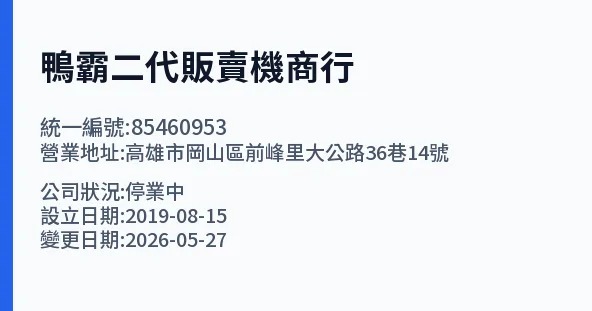 鴨霸二代販賣機商行的照片-統編 85460953(高雄市) 公司登記資料與營業項目詳細圖表