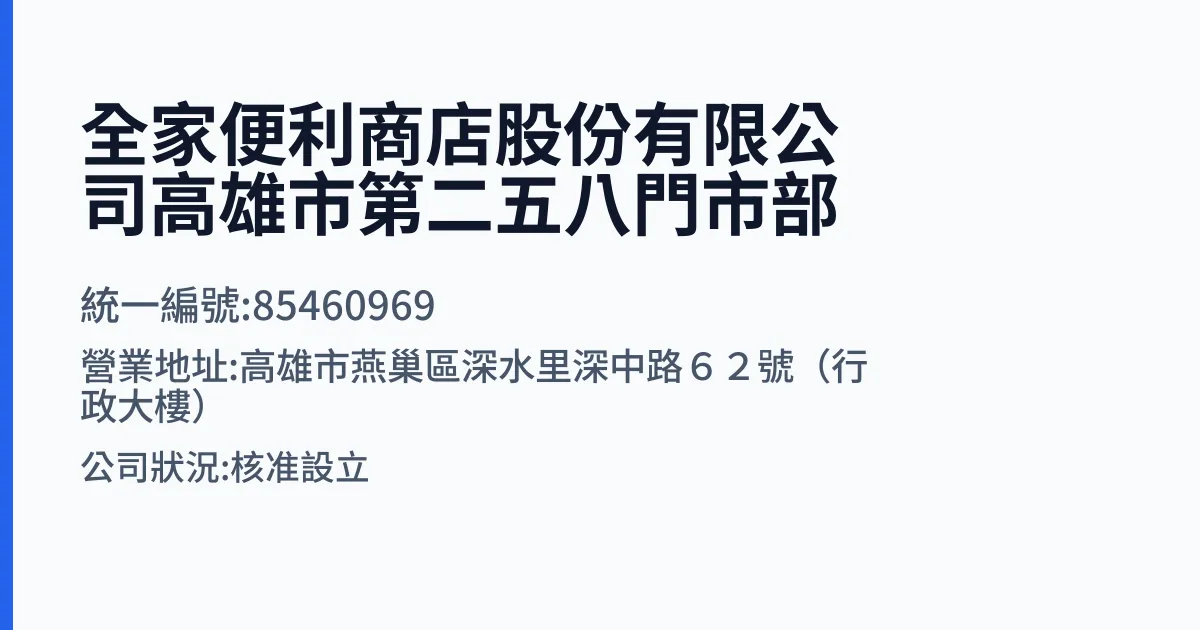 全家便利商店股份有限公司高雄市第二五八門市部 - 統編 85460969(高雄市) 公司登記資料與營業項目詳細圖表
