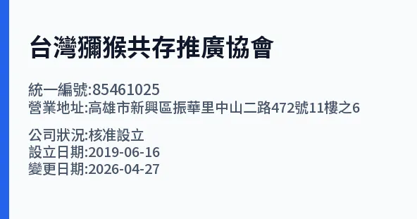 台灣獼猴共存推廣協會的照片-統編 85461025(高雄市) 公司登記資料與營業項目詳細圖表