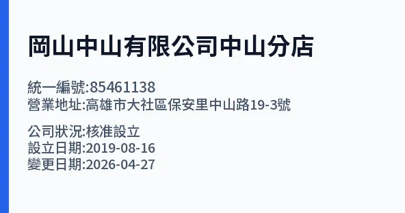 岡山中山有限公司中山分店的照片-統編 85461138(高雄市) 公司登記資料與營業項目詳細圖表