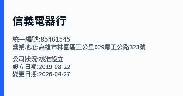 信義電器行的照片-統編 85461545(高雄市) 公司登記資料與營業項目詳細圖表