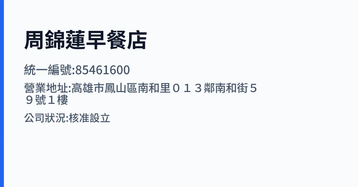 周錦蓮早餐店 - 統編 85461600(高雄市) 公司登記資料與營業項目詳細圖表