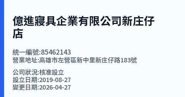億進寢具企業有限公司新庄仔店的照片-統編 85462143(高雄市) 公司登記資料與營業項目詳細圖表