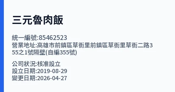 三元魯肉飯的照片-統編 85462523(高雄市) 公司登記資料與營業項目詳細圖表