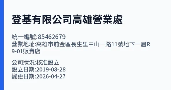 登基有限公司高雄營業處的照片-統編 85462679(高雄市) 公司登記資料與營業項目詳細圖表