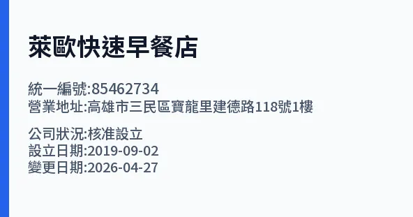 萊歐快速早餐店的照片-統編 85462734(高雄市) 公司登記資料與營業項目詳細圖表