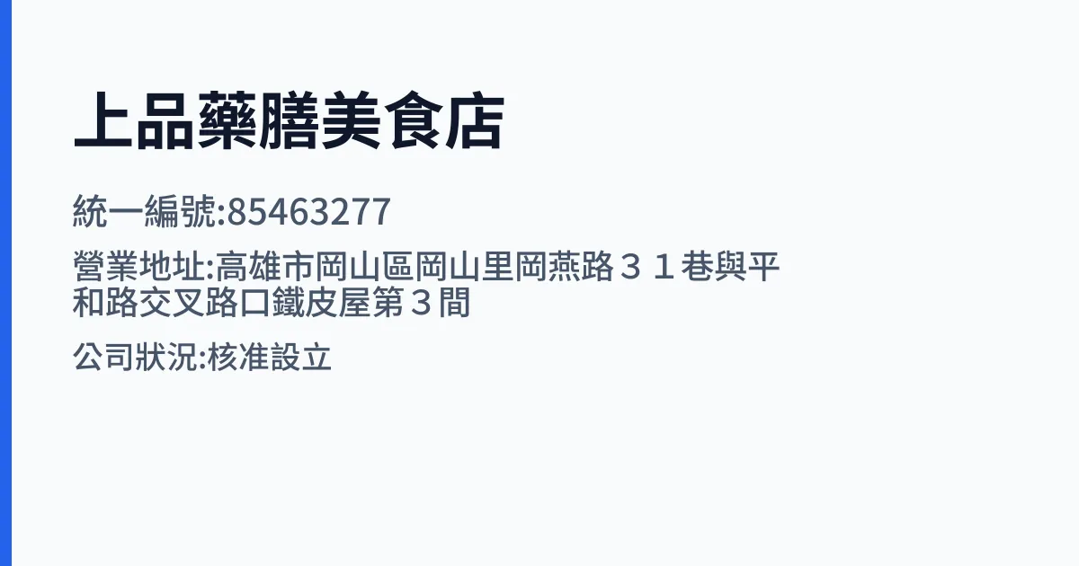 上品藥膳美食店 - 統編 85463277(高雄市) 公司登記資料與營業項目詳細圖表