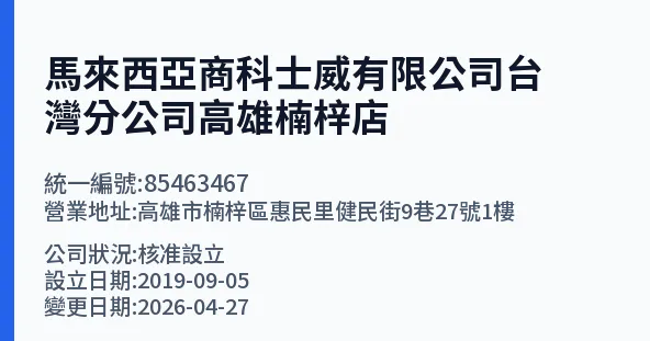 馬來西亞商科士威有限公司台灣分公司高雄楠梓店的照片-統編 85463467(高雄市) 公司登記資料與營業項目詳細圖表