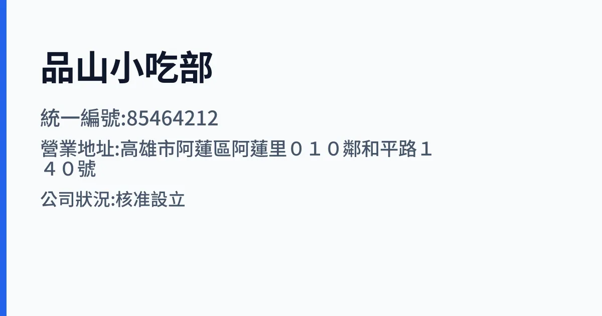 品山小吃部 - 統編 85464212(高雄市) 公司登記資料與營業項目詳細圖表