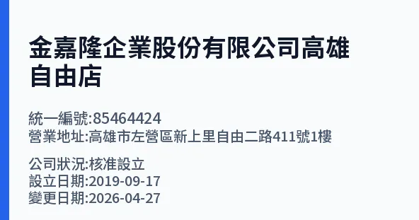 金嘉隆企業股份有限公司高雄自由店的照片-統編 85464424(高雄市) 公司登記資料與營業項目詳細圖表