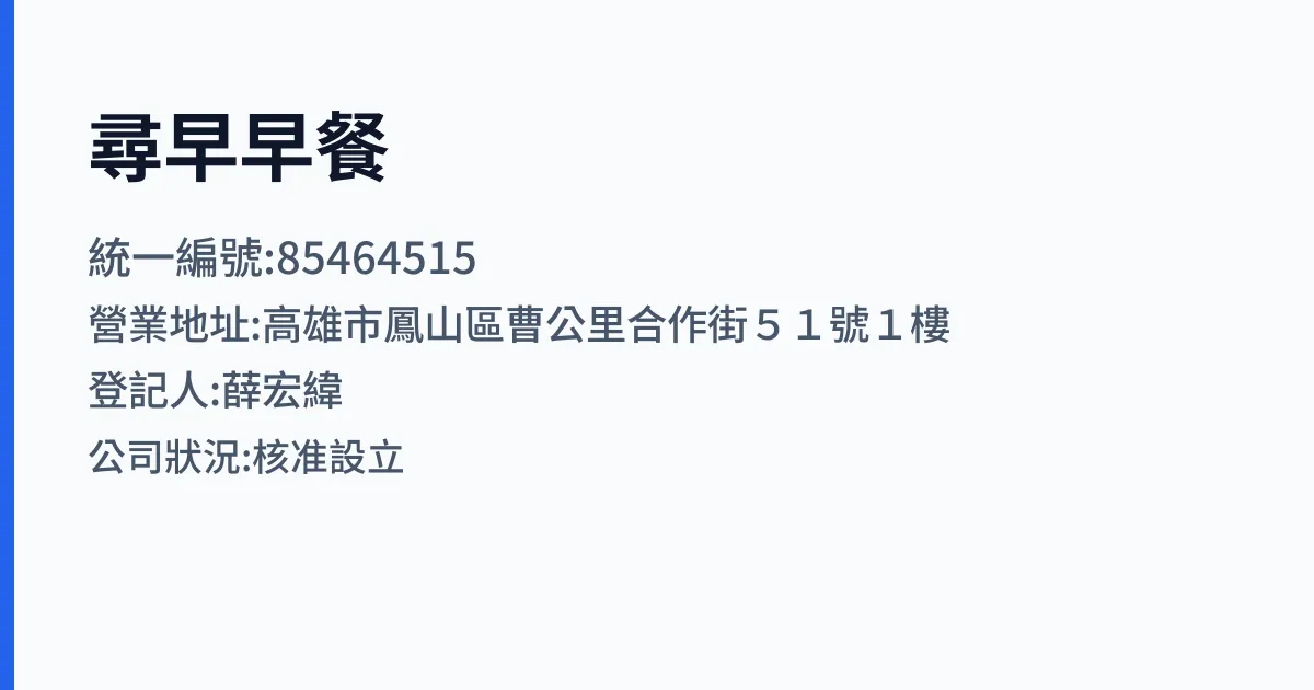 尋早早餐 - 統編 85464515(高雄市) 公司登記資料與營業項目詳細圖表