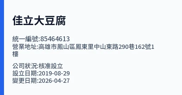 佳立大豆腐的照片-統編 85464613(高雄市) 公司登記資料與營業項目詳細圖表