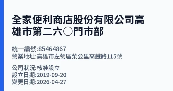 全家便利商店股份有限公司高雄市第二六○門市部的照片-統編 85464867(高雄市) 公司登記資料與營業項目詳細圖表