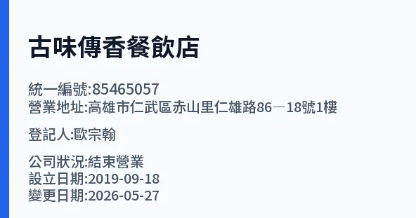 古味傳香餐飲店的照片-統編 85465057(高雄市) 公司登記資料與營業項目詳細圖表