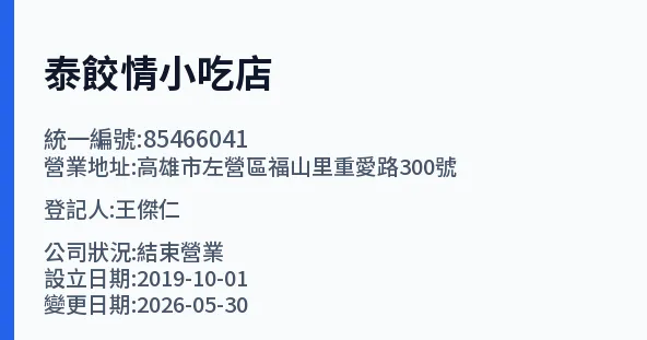 泰餃情小吃店的照片-統編 85466041(高雄市) 公司登記資料與營業項目詳細圖表