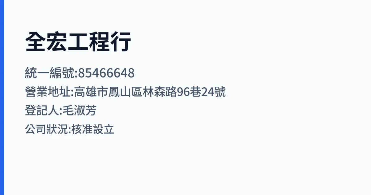 全宏工程行 - 統編 85466648(高雄市) 公司登記資料與營業項目詳細圖表