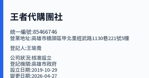 王者代購團社的照片-統編 85466746(高雄市) 公司登記資料與營業項目詳細圖表