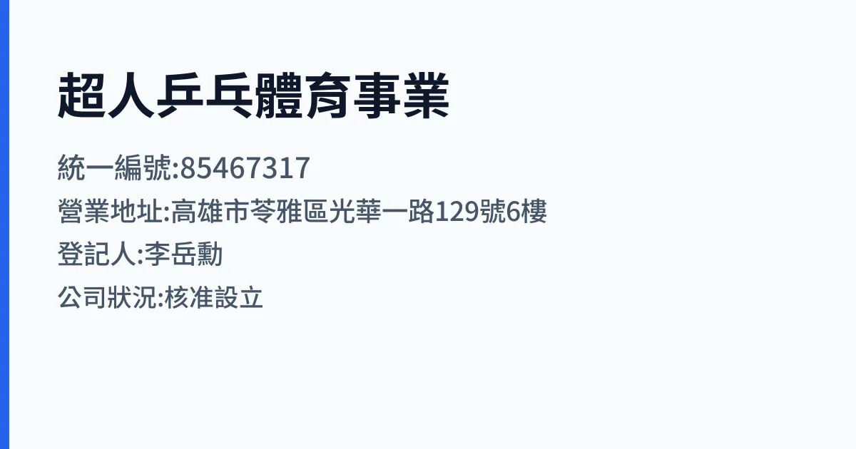 超人乒乓體育事業 - 統編 85467317(高雄市) 公司登記資料與營業項目詳細圖表
