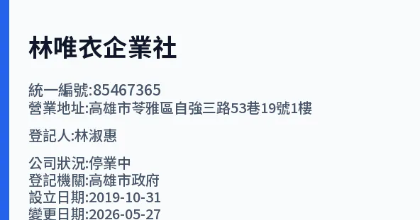林唯衣企業社的照片-統編 85467365(高雄市) 公司登記資料與營業項目詳細圖表