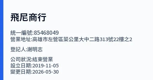 飛尼商行的照片-統編 85468049(高雄市) 公司登記資料與營業項目詳細圖表