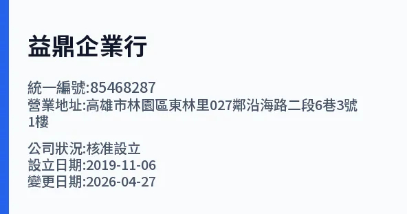 益鼎企業行的照片-統編 85468287(高雄市) 公司登記資料與營業項目詳細圖表