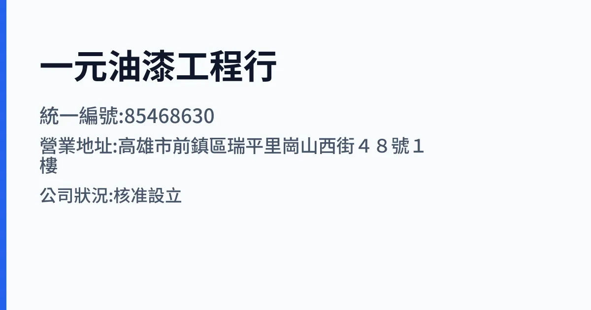 一元油漆工程行 - 統編 85468630(高雄市) 公司登記資料與營業項目詳細圖表