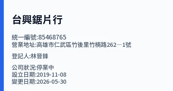 台興鋸片行的照片-統編 85468765(高雄市) 公司登記資料與營業項目詳細圖表