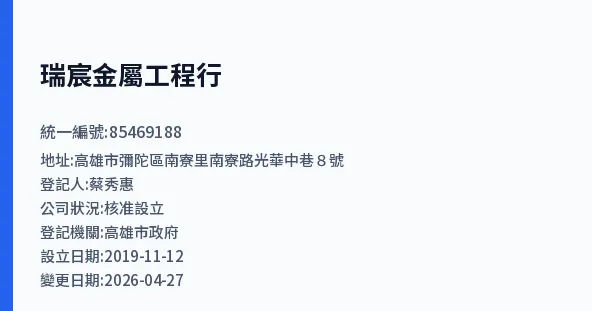瑞宸金屬工程行的照片-統編 85469188(高雄市) 公司登記資料與營業項目詳細圖表