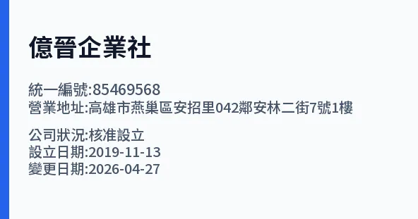 億晉企業社的照片-統編 85469568(高雄市) 公司登記資料與營業項目詳細圖表