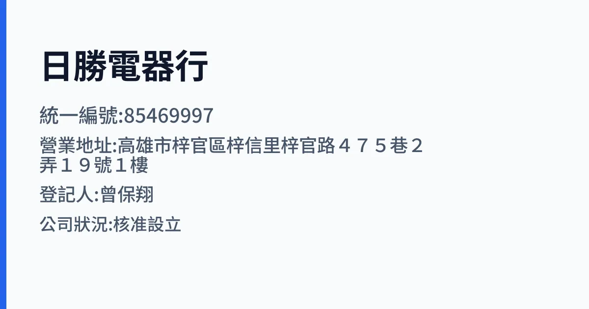 日勝電器行 - 統編 85469997(高雄市) 公司登記資料與營業項目詳細圖表