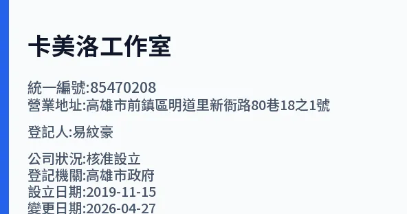 卡美洛工作室的照片-統編 85470208(高雄市) 公司登記資料與營業項目詳細圖表