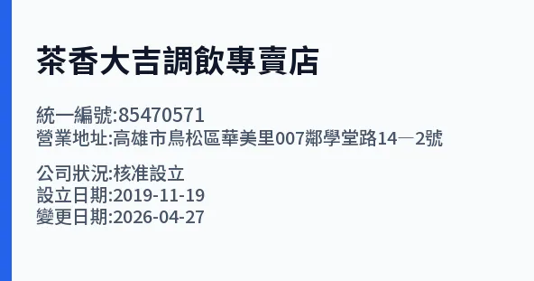 茶香大吉調飲專賣店的照片-統編 85470571(高雄市) 公司登記資料與營業項目詳細圖表