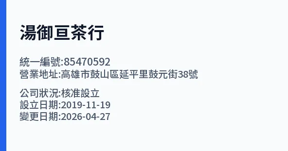 湯御亘茶行的照片-統編 85470592(高雄市) 公司登記資料與營業項目詳細圖表