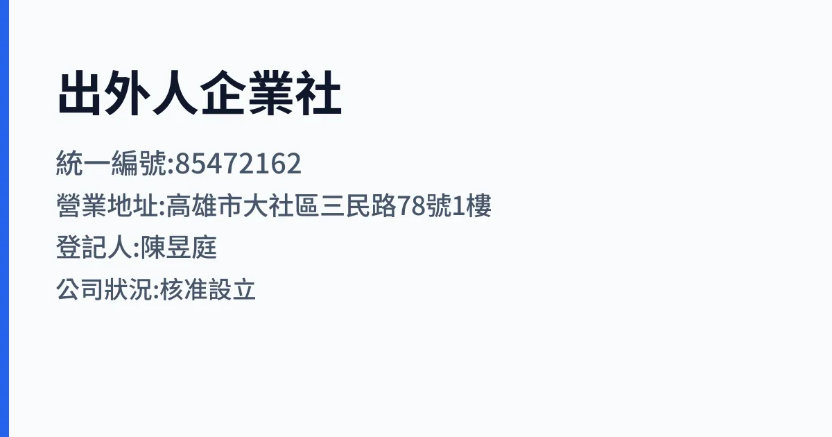 出外人企業社 - 統編 85472162(高雄市) 公司登記資料與營業項目詳細圖表