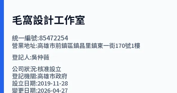 毛窩設計工作室的照片-統編 85472254(高雄市) 公司登記資料與營業項目詳細圖表