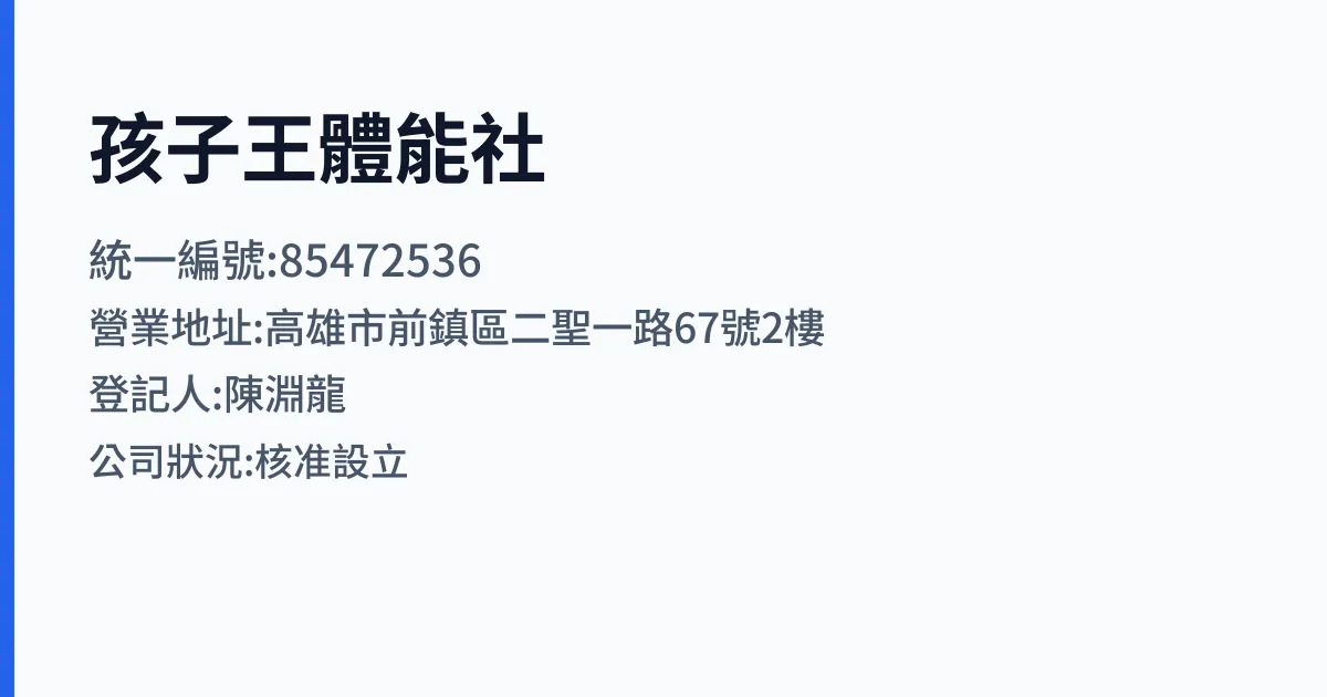 孩子王體能社 - 統編 85472536(高雄市) 公司登記資料與營業項目詳細圖表