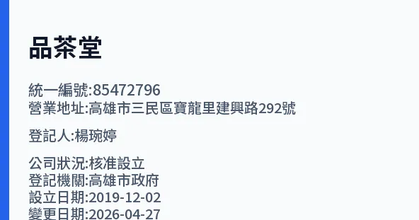 品茶堂的照片-統編 85472796(高雄市) 公司登記資料與營業項目詳細圖表