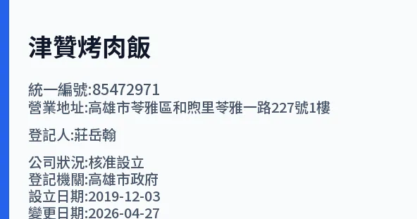 津贊烤肉飯的照片-統編 85472971(高雄市) 公司登記資料與營業項目詳細圖表