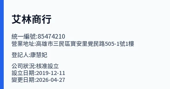 艾林商行的照片-統編 85474210(高雄市) 公司登記資料與營業項目詳細圖表