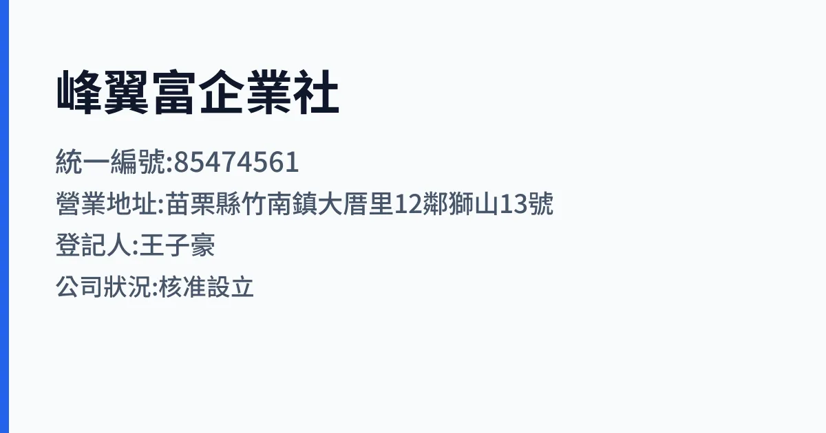 峰翼富企業社 - 統編 85474561(高雄市) 公司登記資料與營業項目詳細圖表