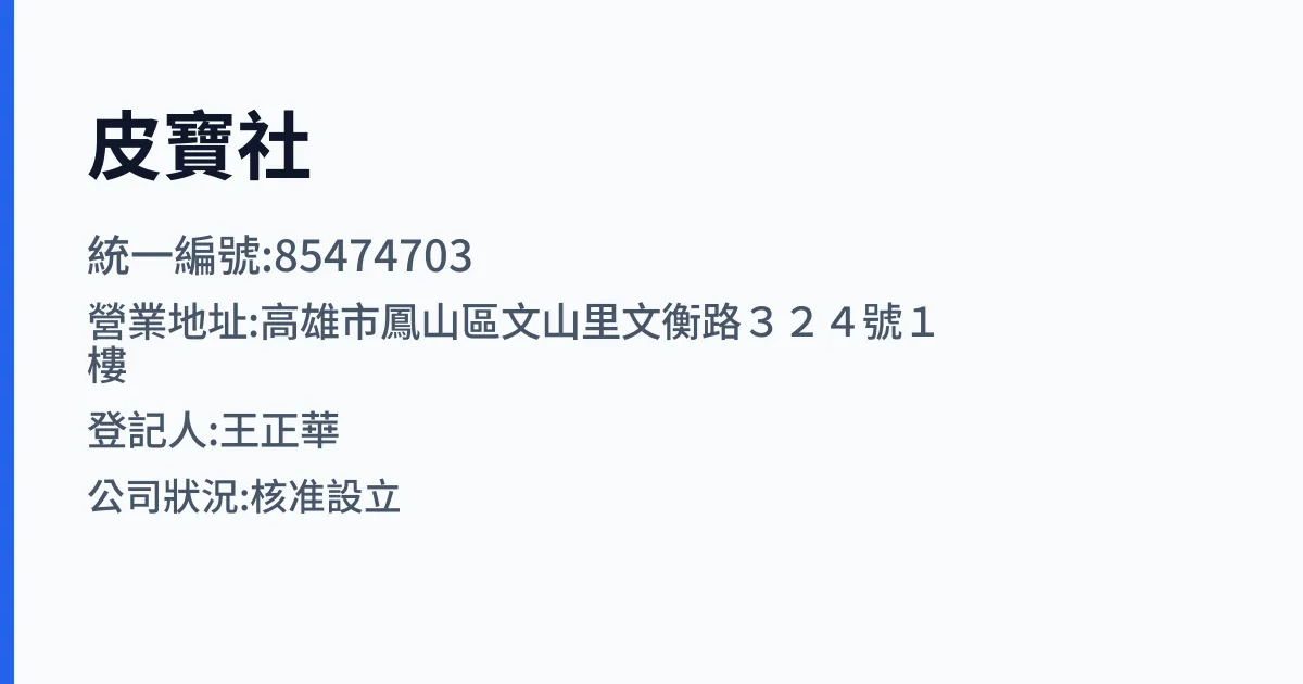 皮寶社 - 統編 85474703(高雄市) 公司登記資料與營業項目詳細圖表