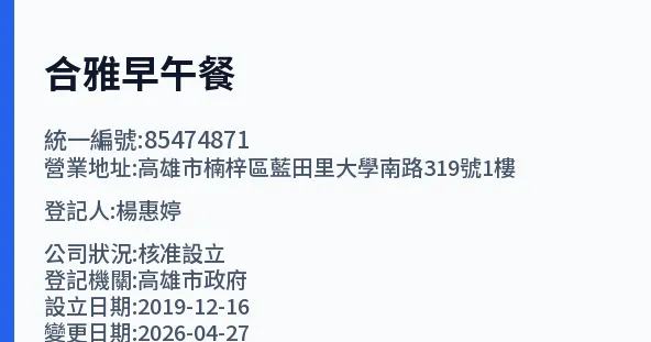 合雅早午餐的照片-統編 85474871(高雄市) 公司登記資料與營業項目詳細圖表